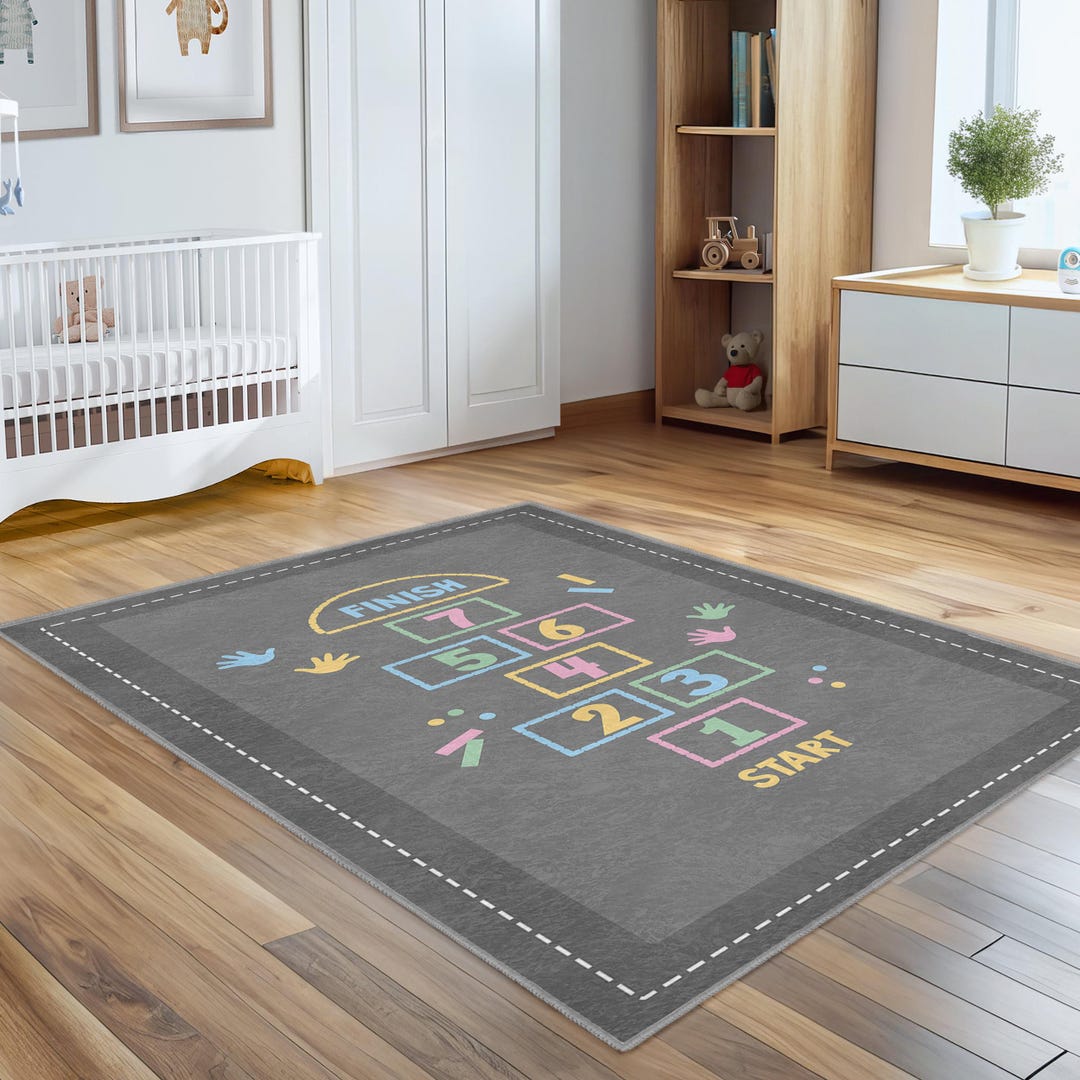 Gray Hopscotch Infant Rug - Pastel Non Slip Nursery Carpet-striped ...