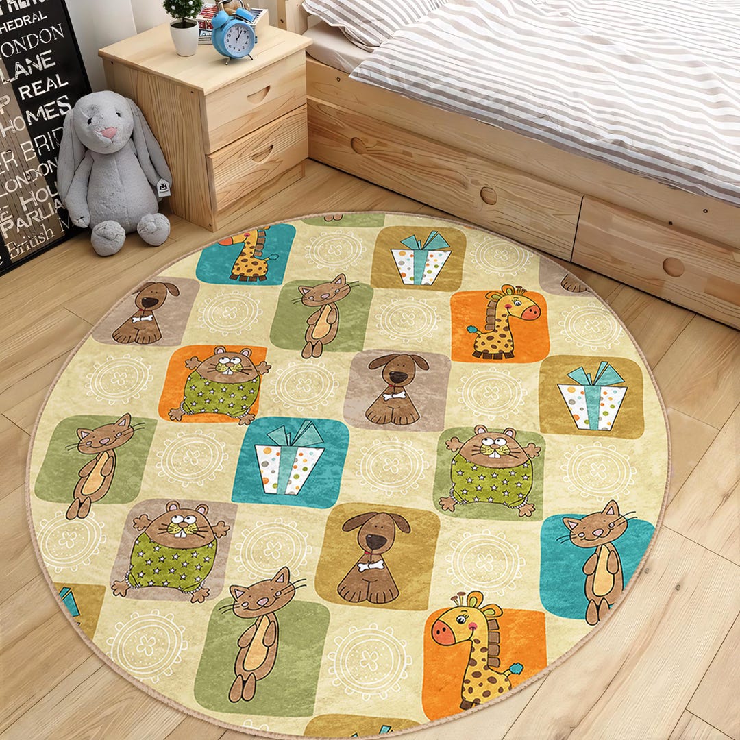 Doggy Kids Room Round Rug - Yellow Animals Circle Carpet - Cat Activity ...