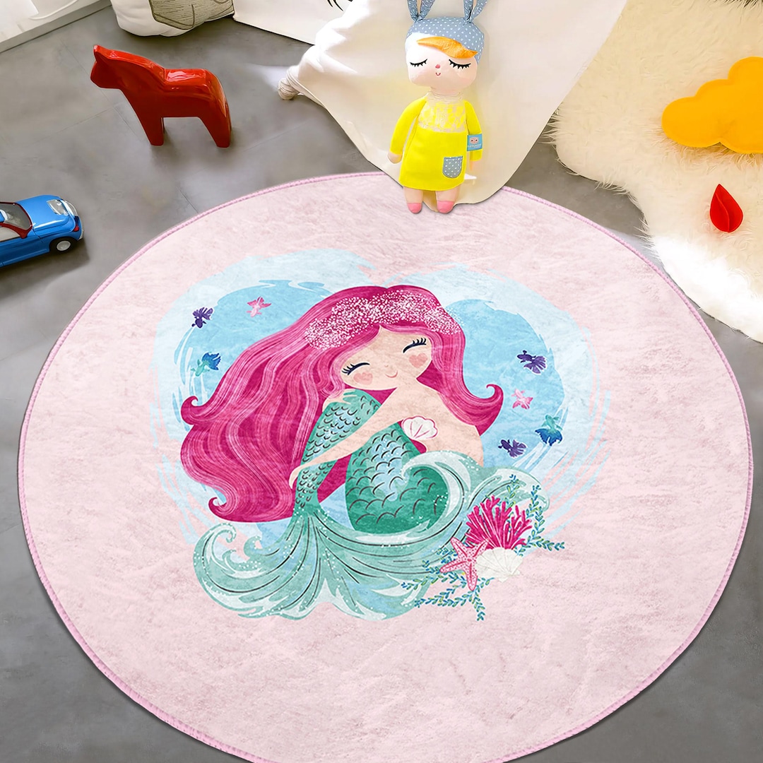 Mermaid Round Nursery Area Rug - Pink Sea Circle Newborn Carpet ...