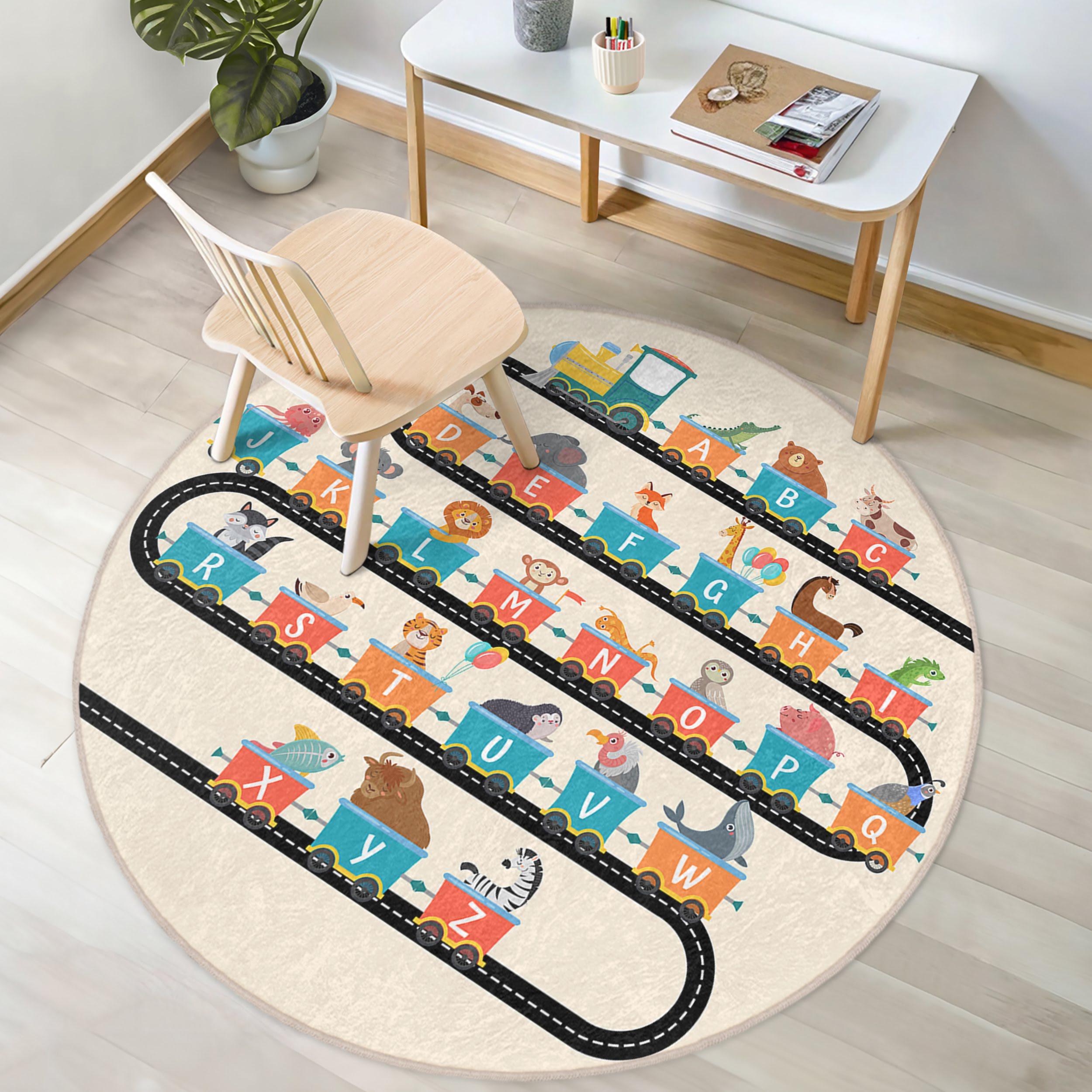 Alphabet ABC Kids Room Round Rug - Beige Train Circle Carpet - Letters ...
