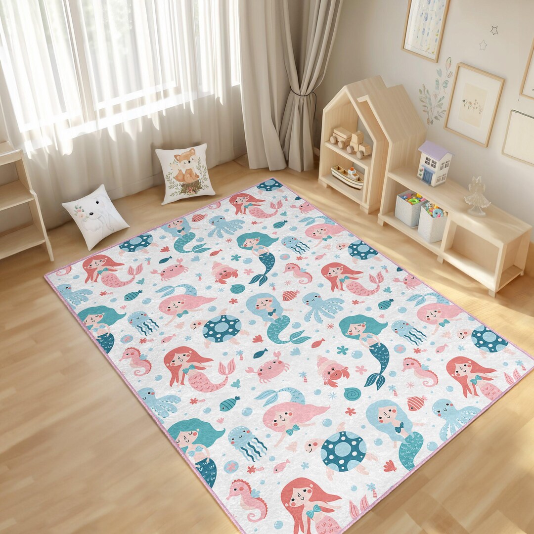 Mermaid Sea Creatures Nursery Rug - Octopus Toddler Carpet - Jellyfish ...