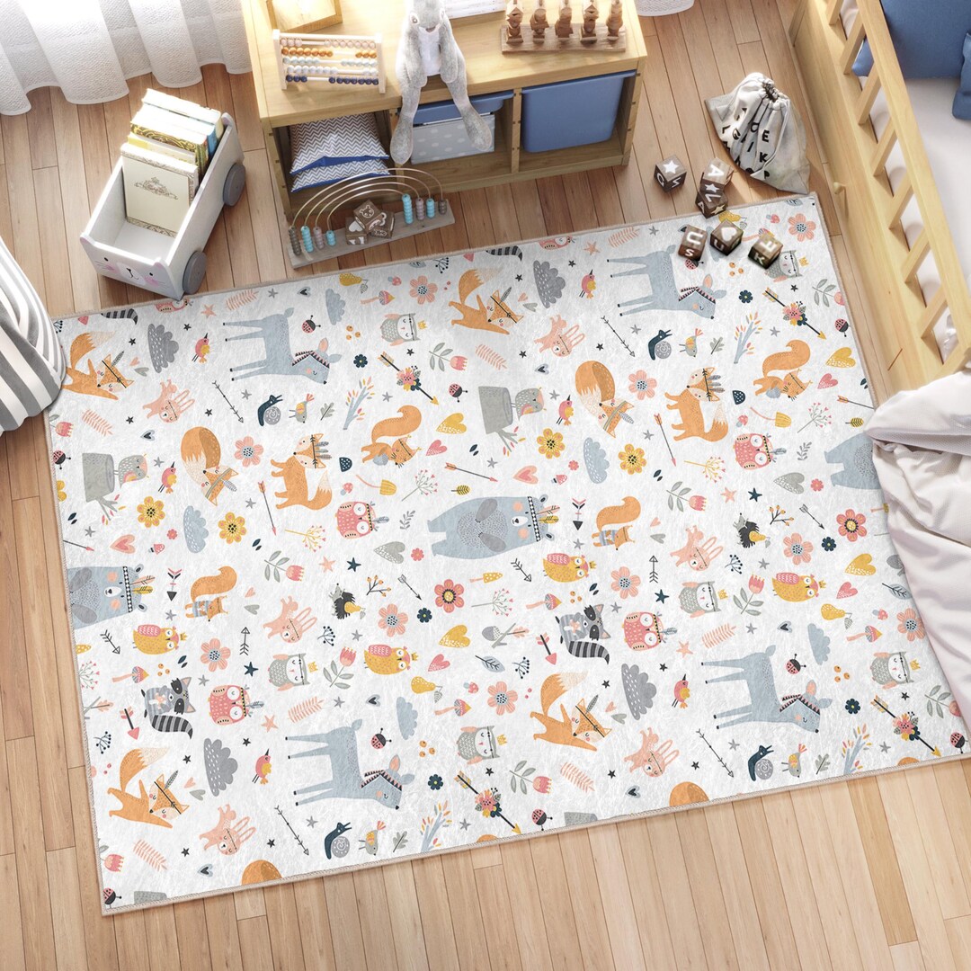Native Woodland Nursery Rug -bear Toddler Carpet-owl Crawling Chid Mat ...