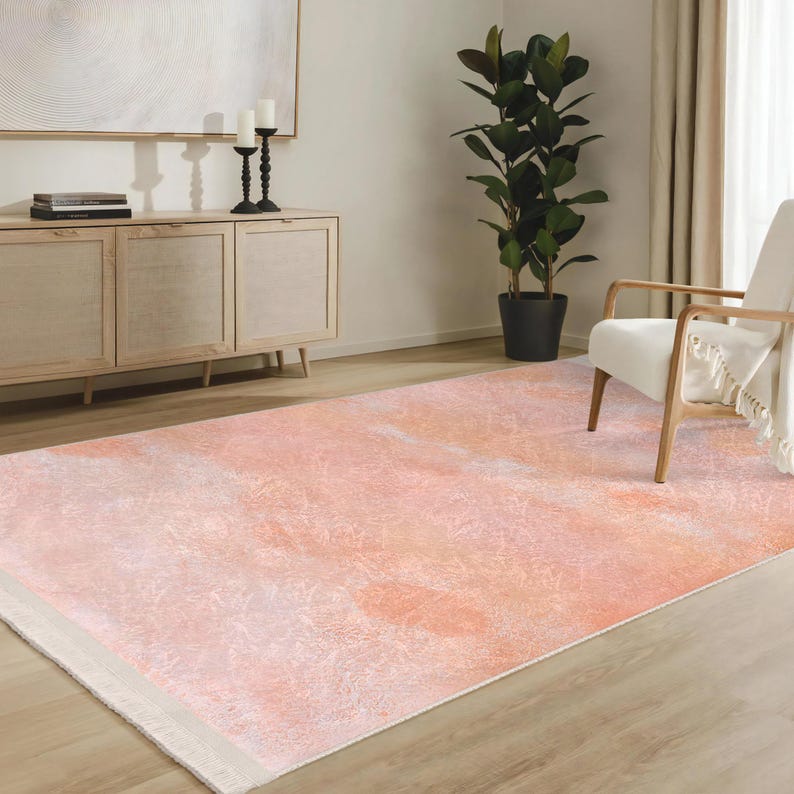 Powder Peach Area Rug - Faded Pastel Slip Free Rug-blush Washable ...