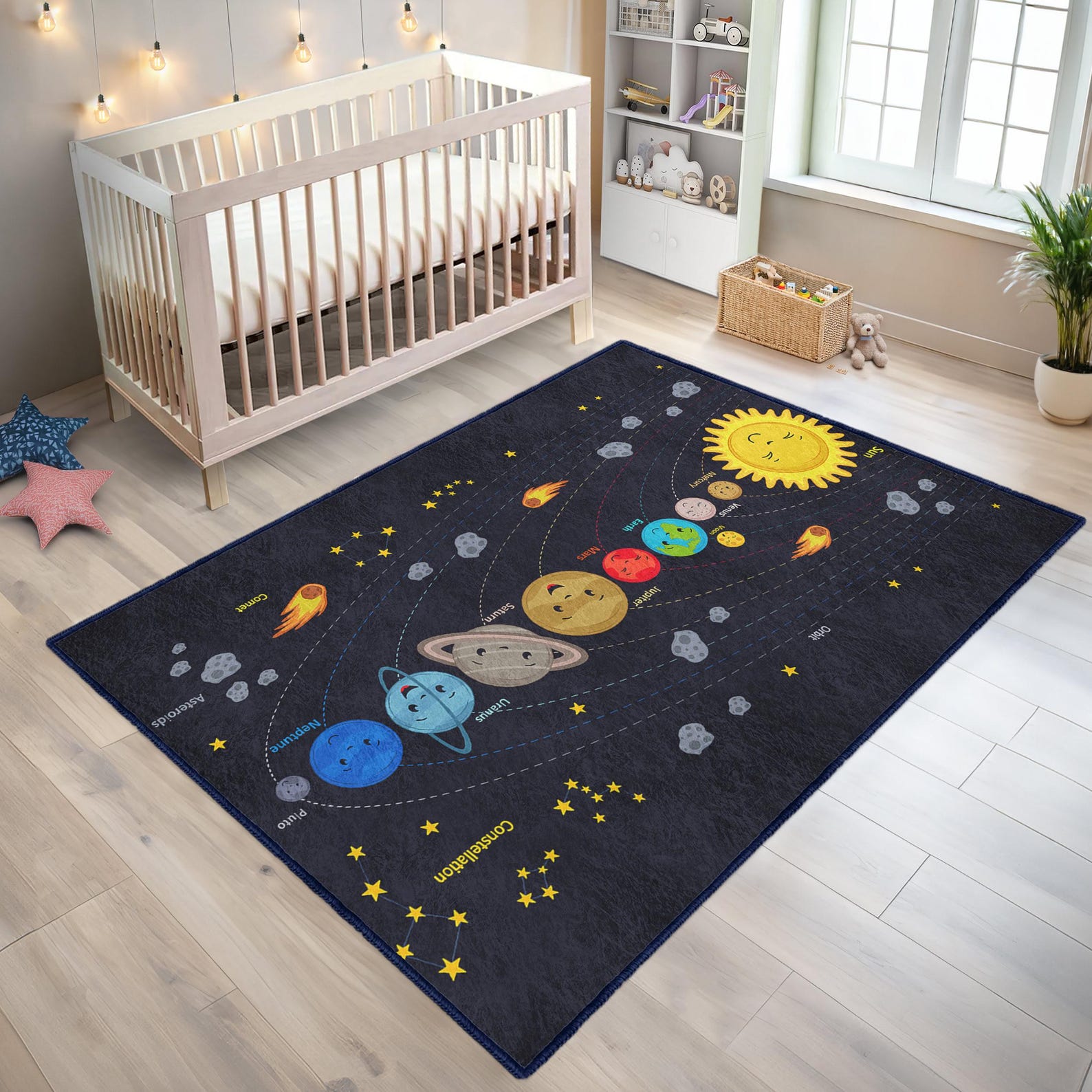 Black Solar System Infant Rug -educational Non Slip Nursery Carpet-sun ...