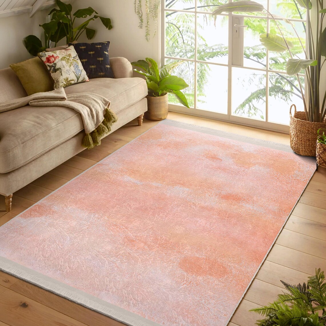 Powder Peach Area Rug - Faded Pastel Slip Free Rug-blush Washable ...