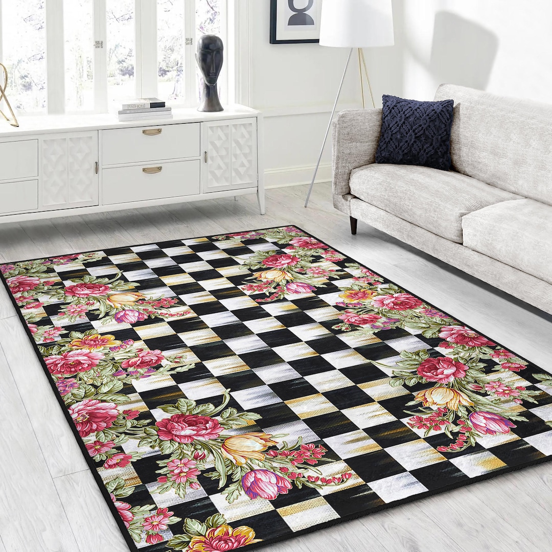 Checkered Floral Accent Rug - Tulip Anti Slip Rug - Vintage Washable ...