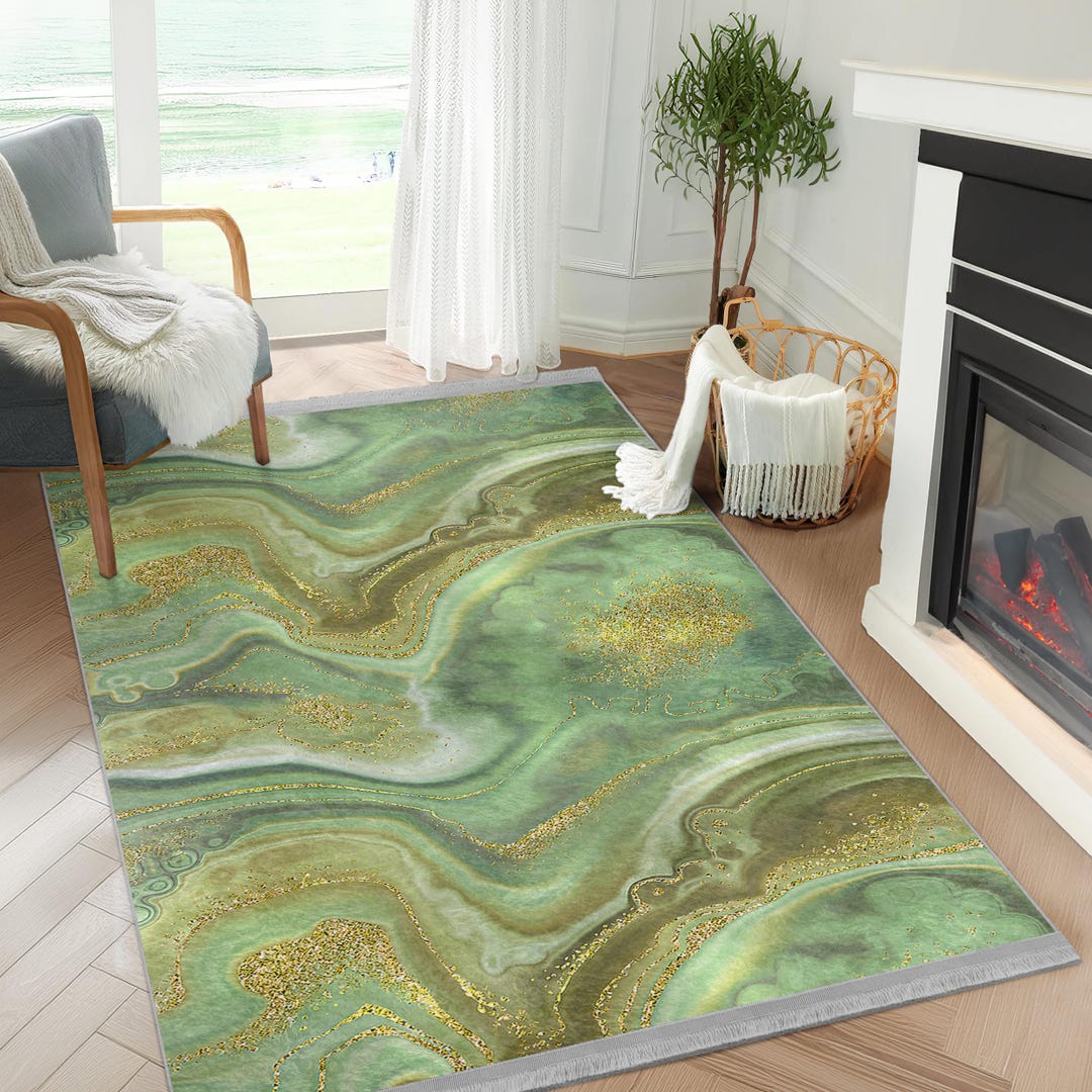 Marble Gold Area Rug - Emerald Slip Free Rug - Fleck Washable Courtyard ...