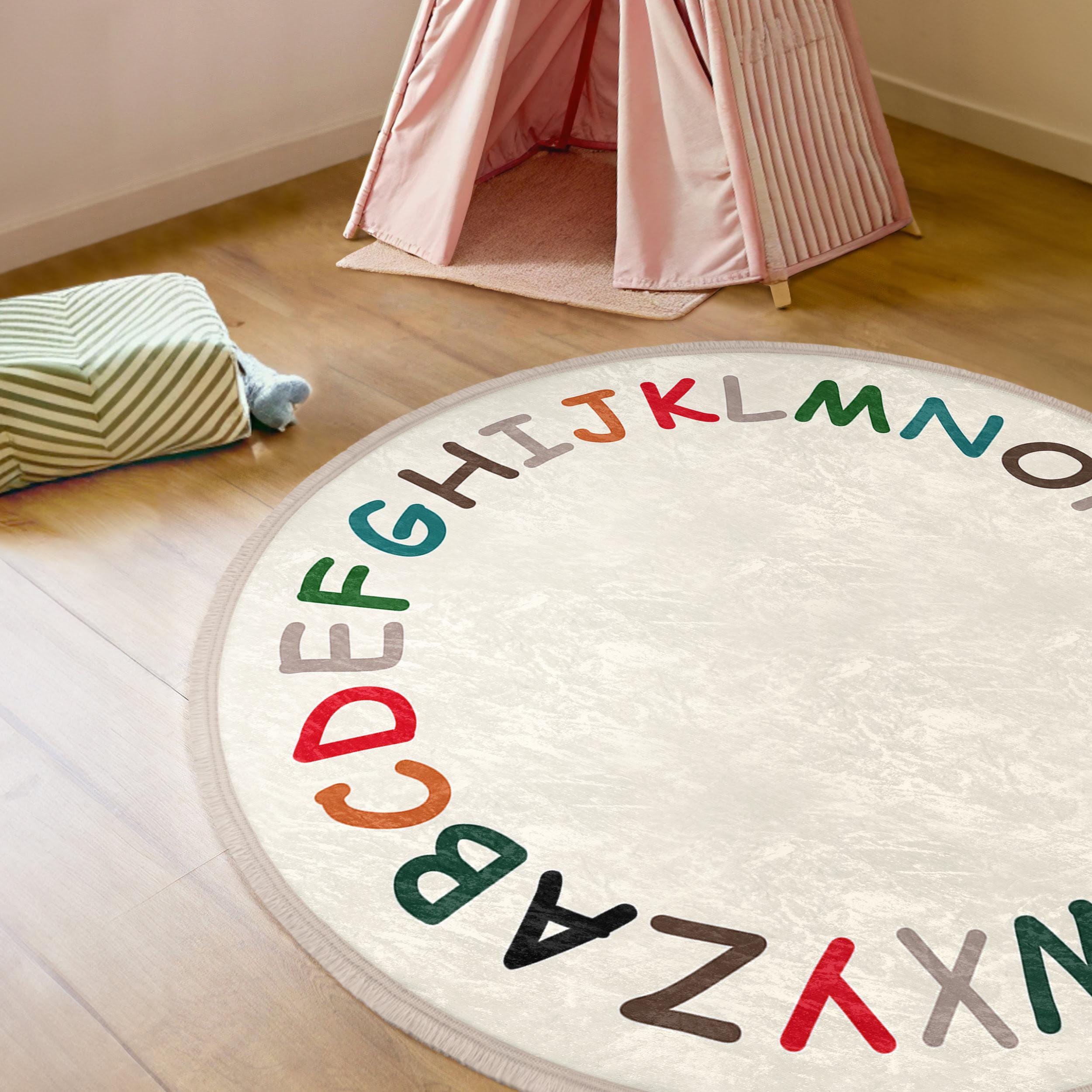 Class Children Room Round Rug - Beige Alphabet ABC Circle Carpet ...
