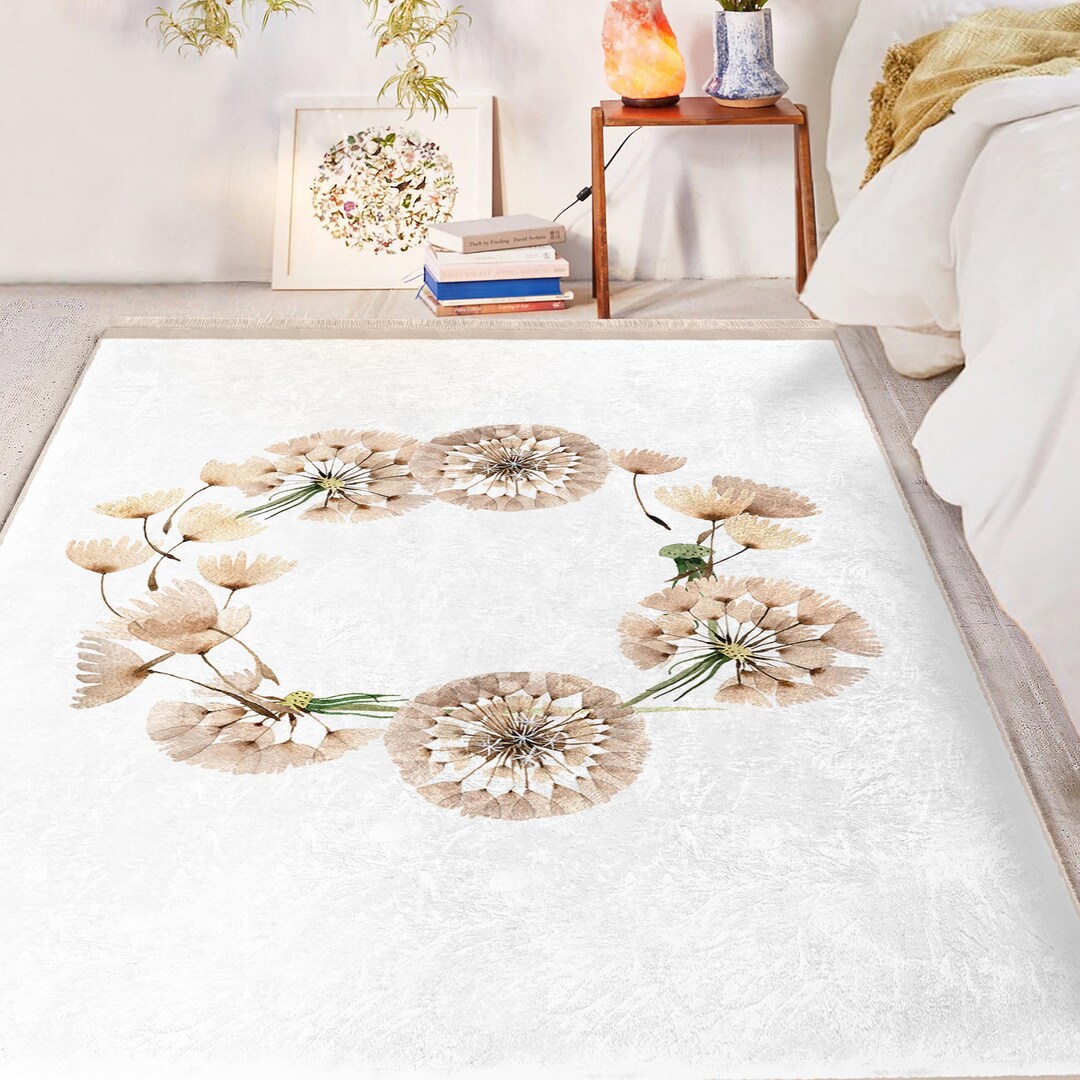 Botanical Dandelion Area Rug-chic Wreath Carpet-neutral Runner-dreamy ...