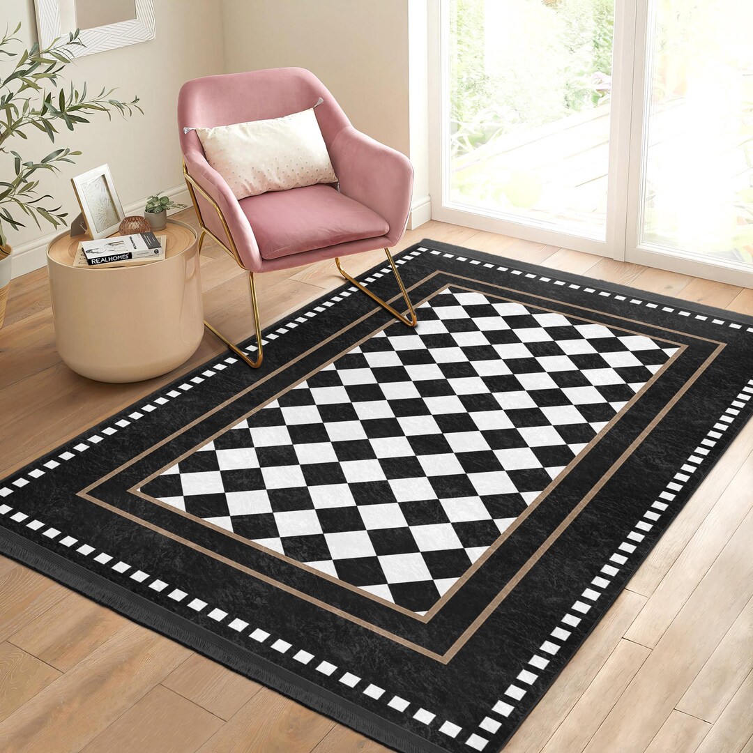 Checkers Dashed Area Rug-stripe Grip Backing Rug-minimal Washable Throw ...