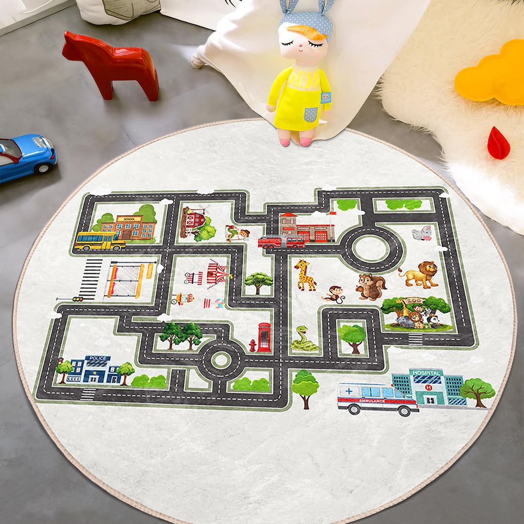 City Life Kids Room Round Rug - White Police Circle Carpet - Bear ...