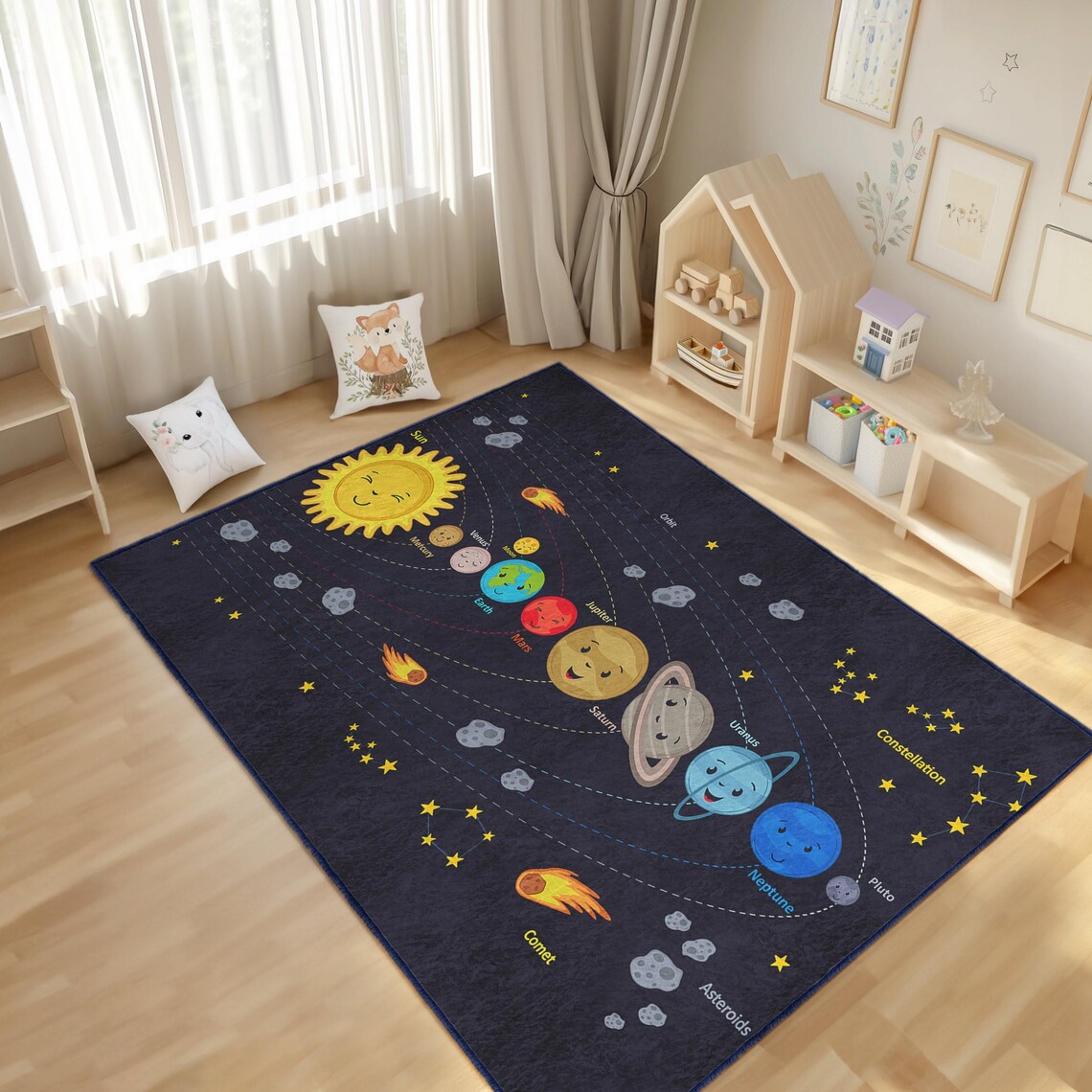 Black Solar System Infant Rug -educational Non Slip Nursery Carpet-sun ...