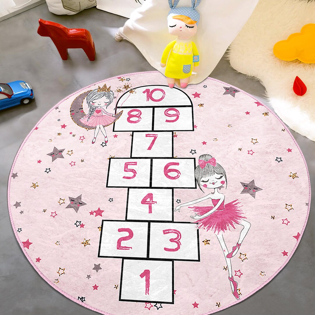 Magical Kids Room Round Rug - Pink Hopscotch Circle Carpet - Moon Stars ...