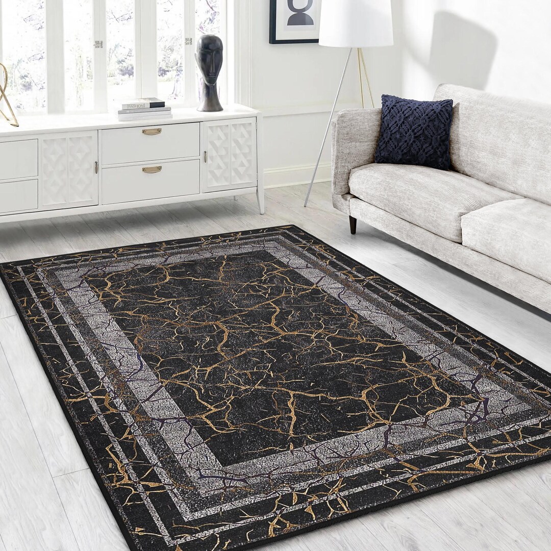 Cracked Marble High Traffic Rug -dark Rubber Backing Throw Rug-stone ...
