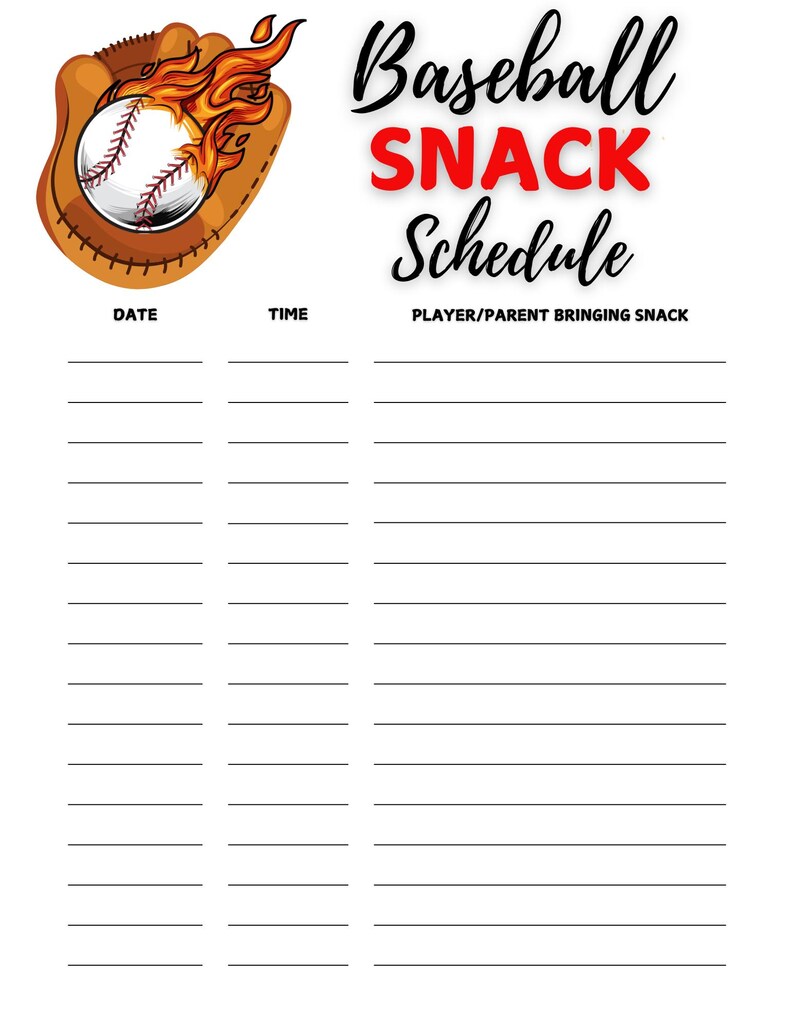 Printable Baseball Snack Schedule Sign-up Sheet (includes a Line for ...
