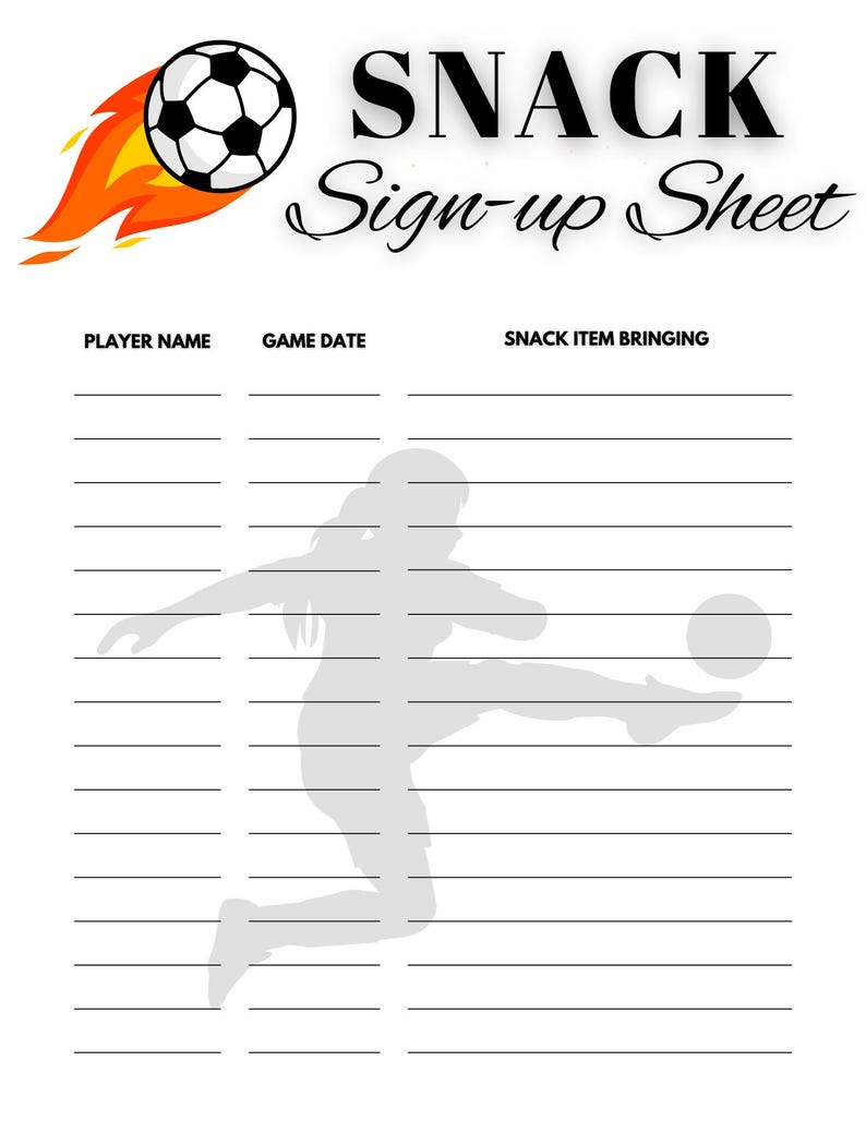 Soccer Team Snack Sign-up Sheet. This is an Instant Digital Download (8 ...