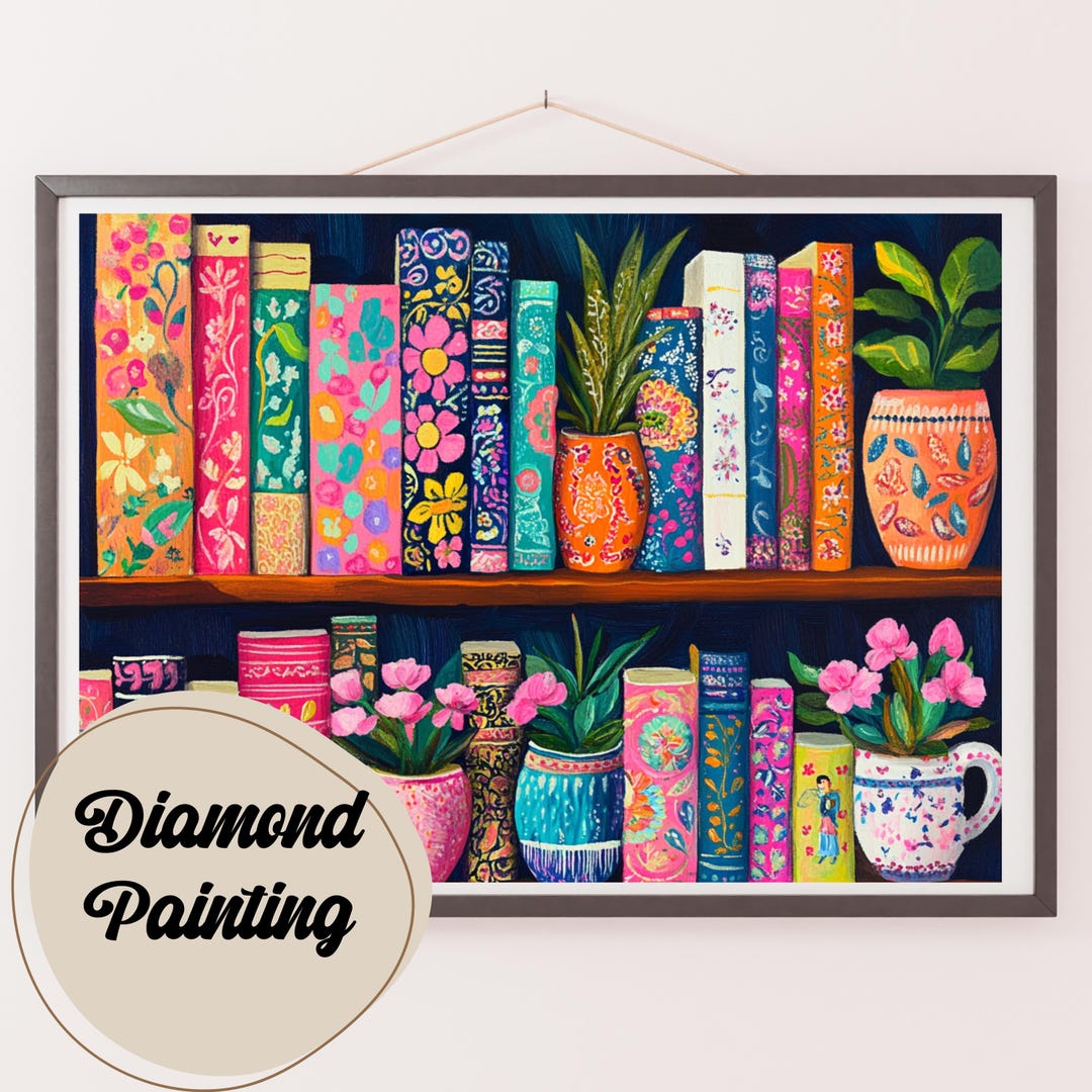 Whimsical Bookshelf Diamond Painting Kit: Floral Book Art, Relaxing ...