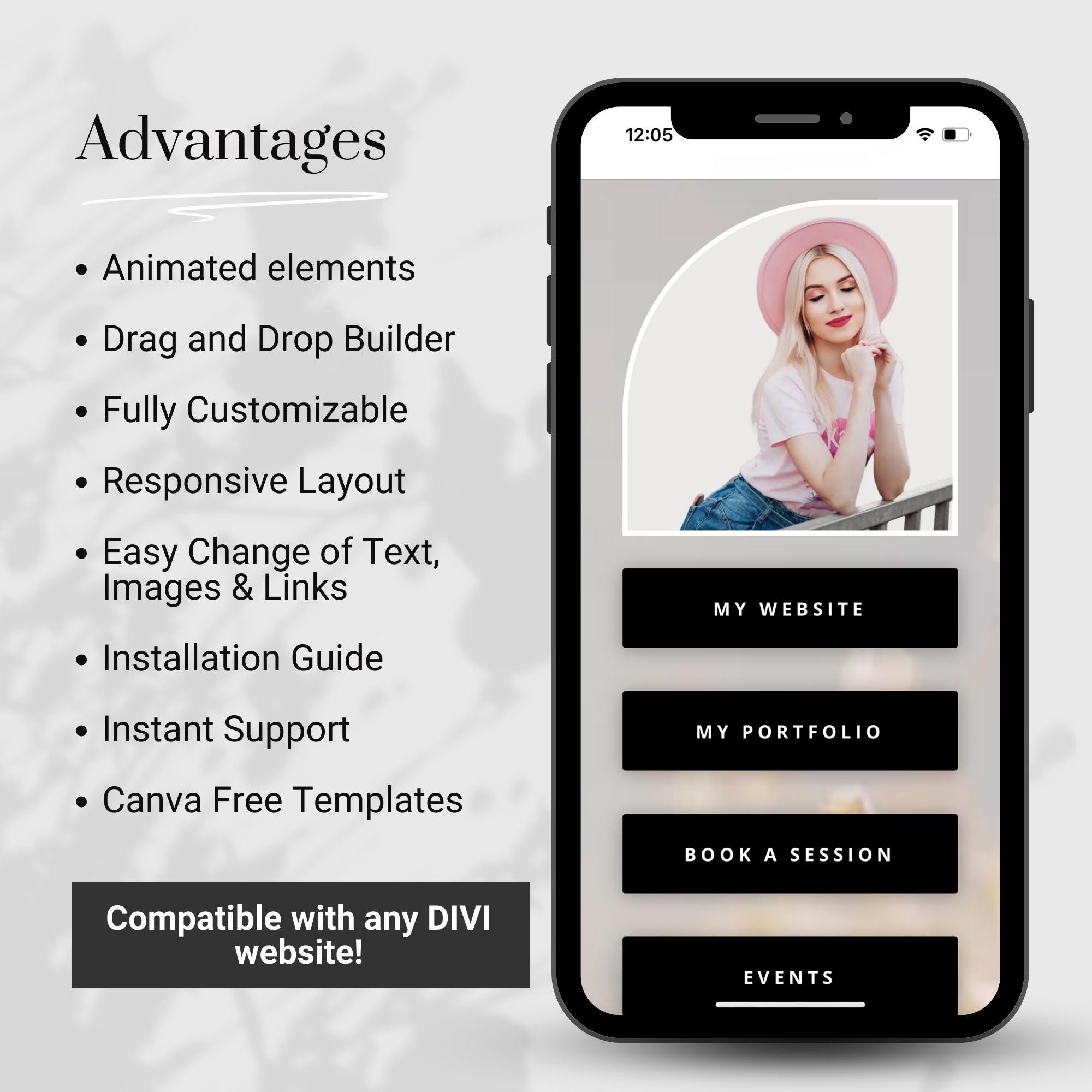 Editable Bio Link Divi Canva Template Wordpress Sybilla Layout Custom Instagram Social Media ...