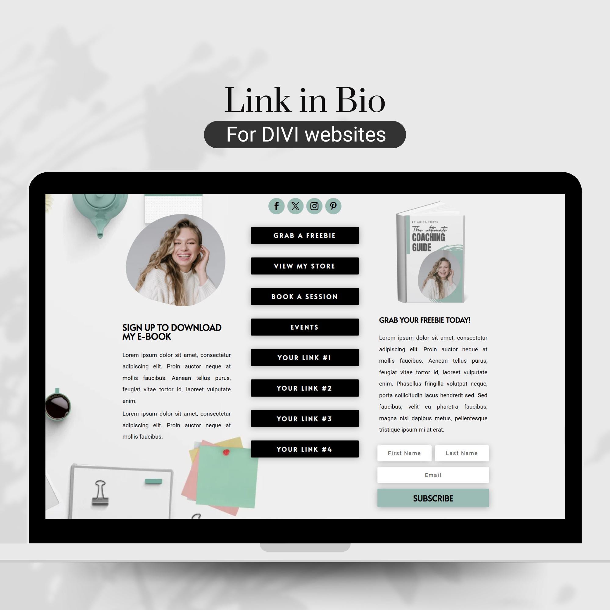 Editable Bio Link Divi Canva Template Wordpress Anika Layout Custom Instagram Social Media ...