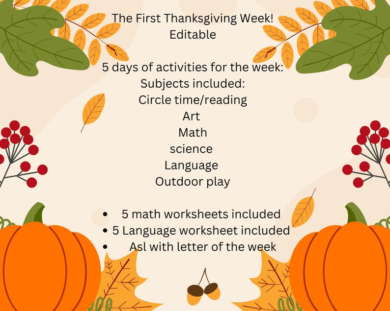 Editable Preschool November Lesson Plan the First Thanksgiving Lesson ...