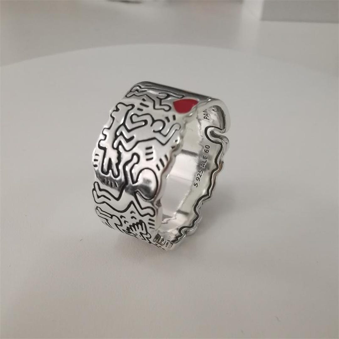 PANDORA S925 SILVER ALE Heart and Man Line Art Wide Rim Ring - Etsy