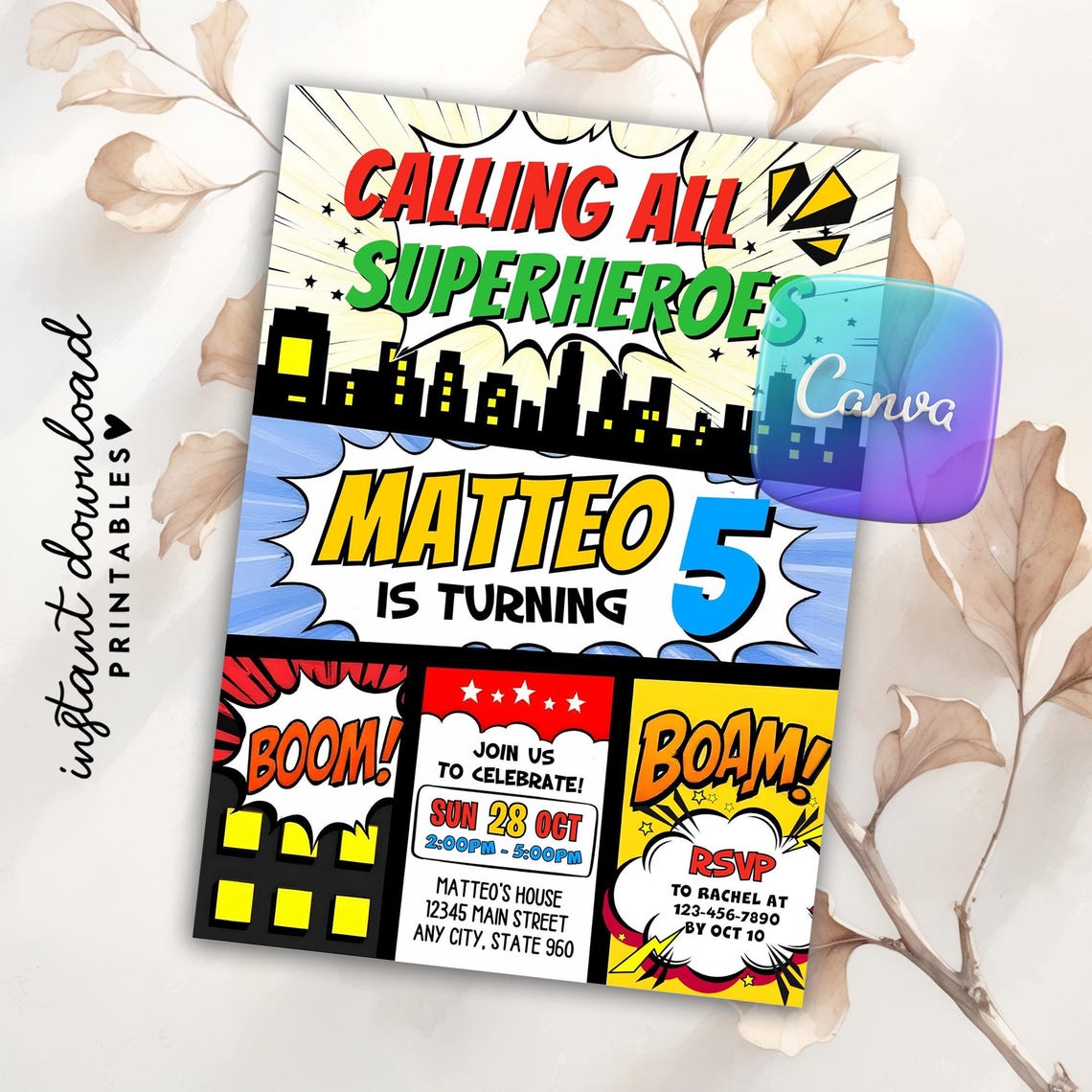 Editable Comic Book Birthday Invitation, Printable Comic Superhero ...