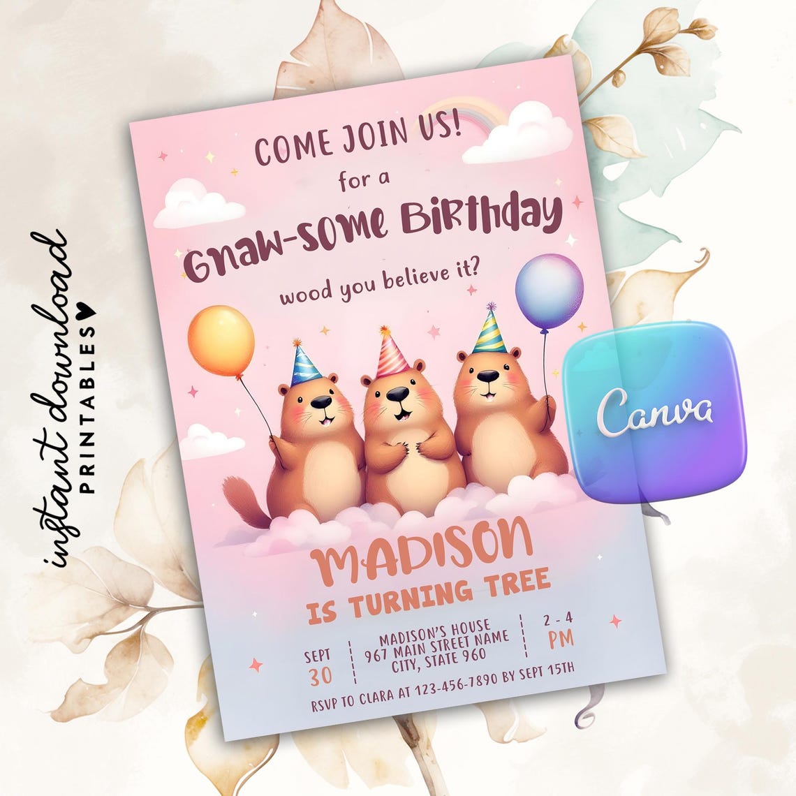 Editable Beaver Inspired Invitation, Beaver Birthday Party Invite ...