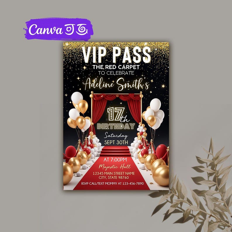 Red Carpet Birthday Invitation, VIP Pass Birthday Invitation, Red ...