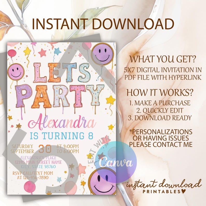 Let's Party Patch Letters Invitation, Patch Letter Birthday Invitation ...