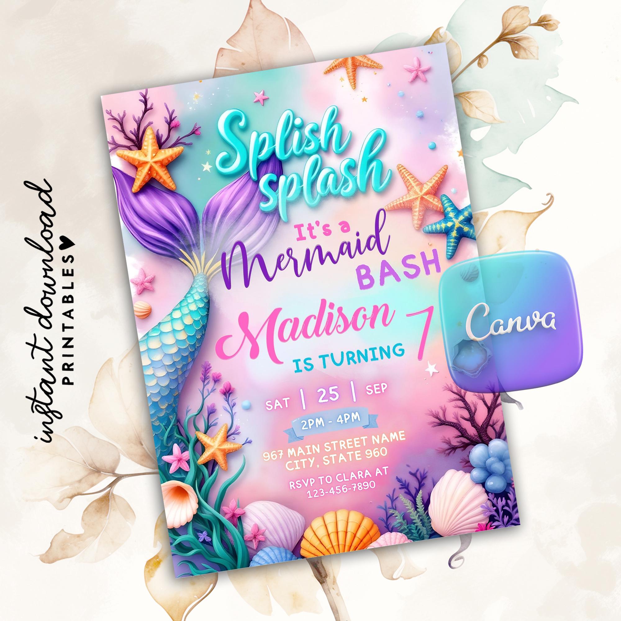 Editable Mermaid Tail Birthday Invitation Girl, Mermaid Bash Under the ...