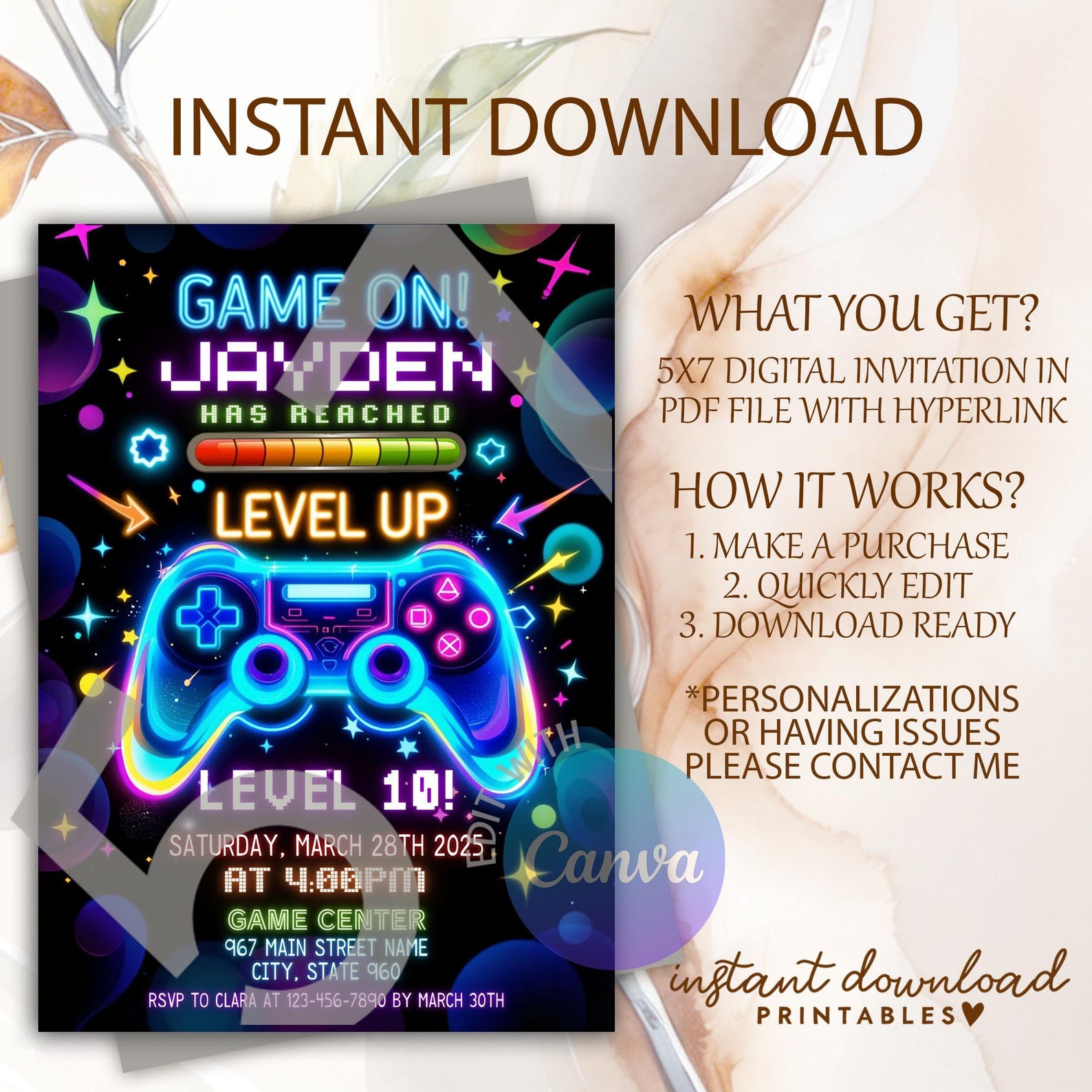 Editable Neon Game on Level up Gaming Birthday Party Invitation, Video ...
