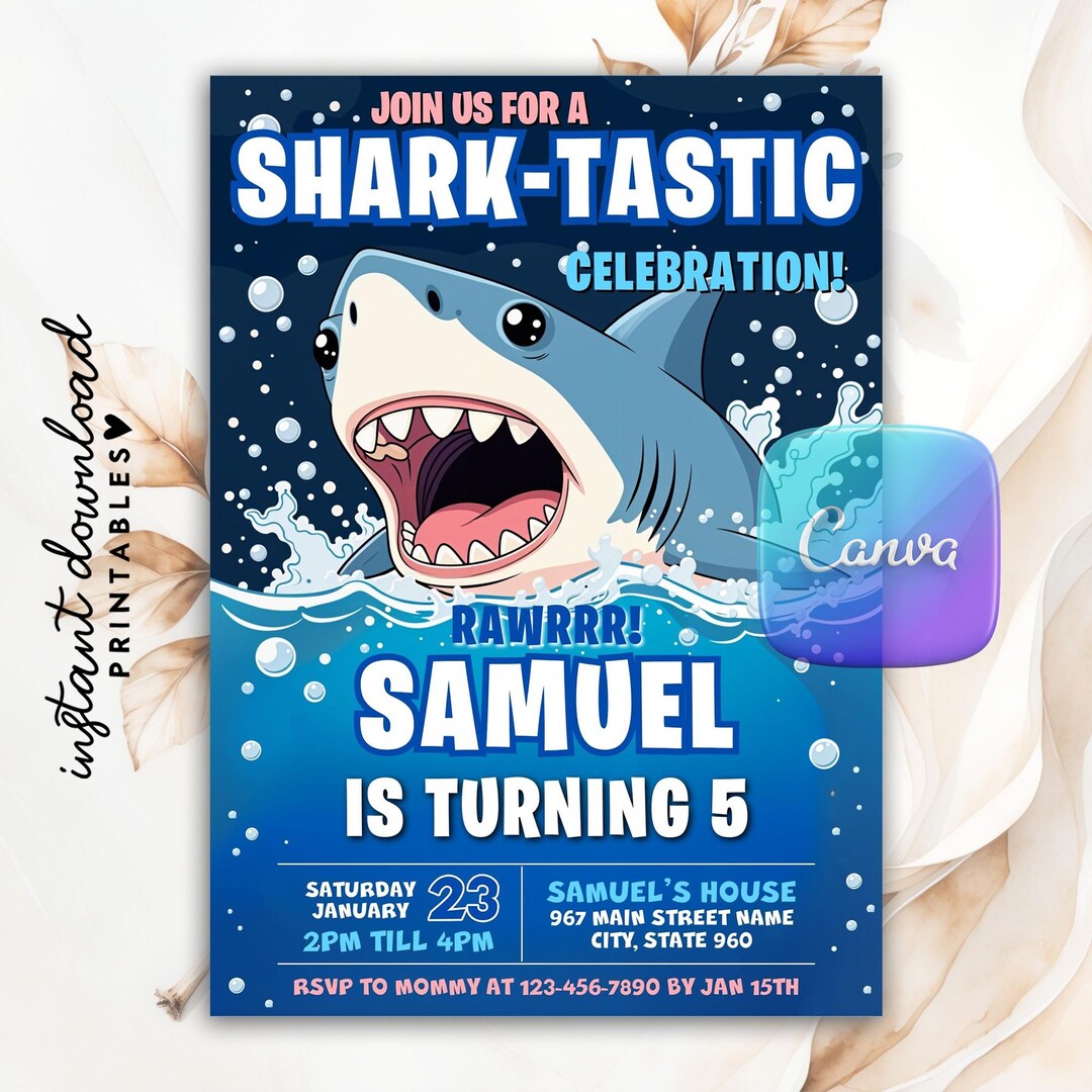 Editable Shark Invitation, Shark Invites, Shark Birthday Theme, Shark ...
