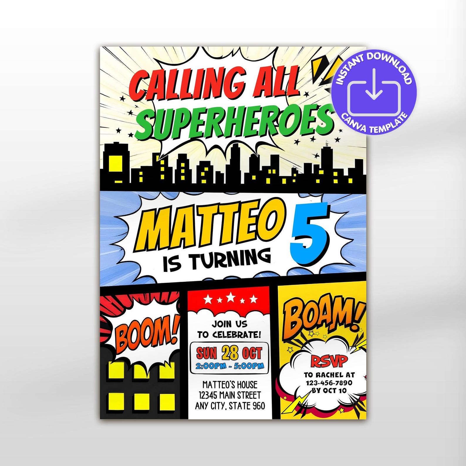 Editable Comic Book Birthday Invitation, Printable Comic Superhero ...