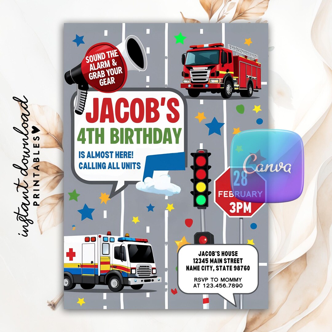Emergency Vehicles Birthday Invitation, Canva Template (digital) - Etsy