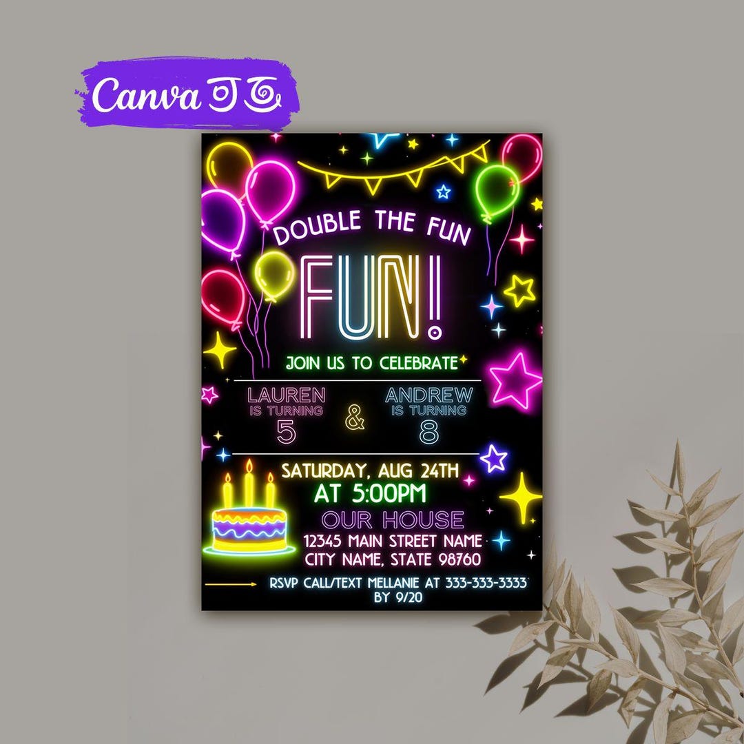 Neon Joint Birthday Invitation, Sibling Birthday Invitation, Double ...