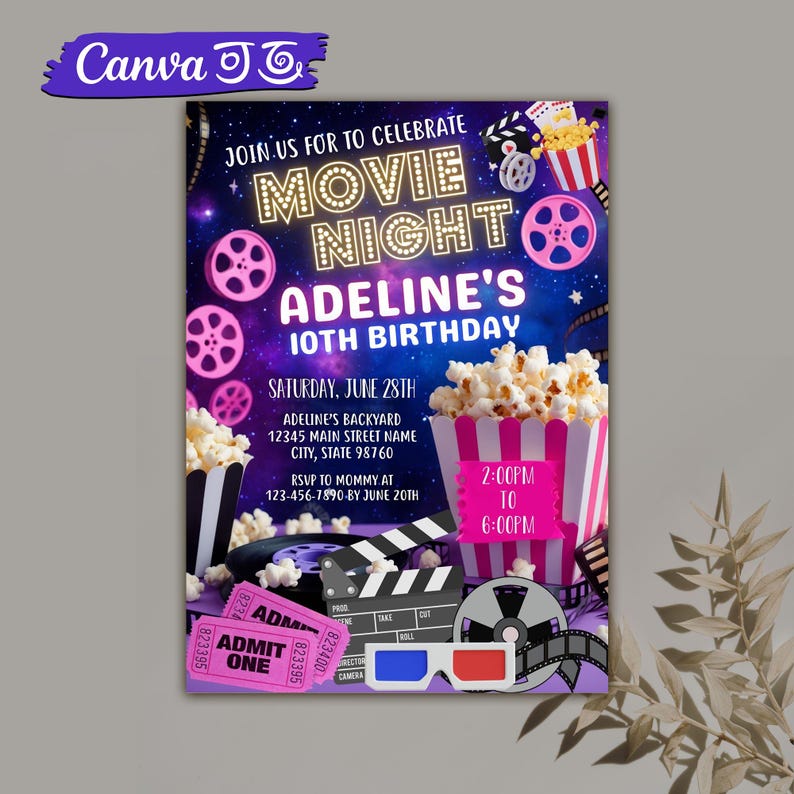 EDITABLE Movie Birthday Invitation, Cinema Birthday, Movie Theater ...