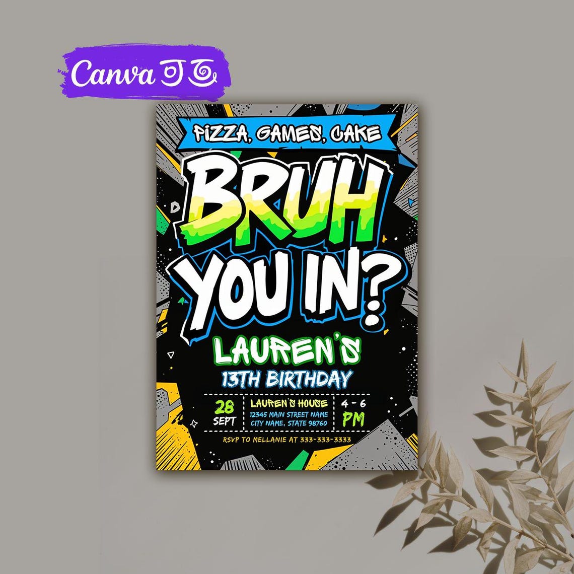 Editable Bruh Birthday Invitation, Neon Graffiti Theme Any Age Digital ...