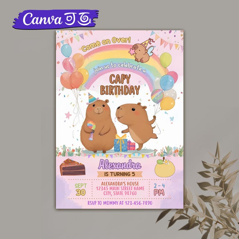 Editable Capybara Birthday Invitation, Kawaii Capybara Birthday, Cute ...