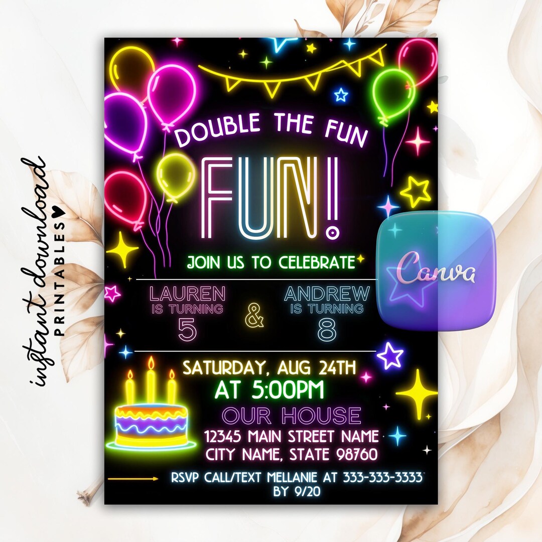 Neon Joint Birthday Invitation, Sibling Birthday Invitation, Double ...