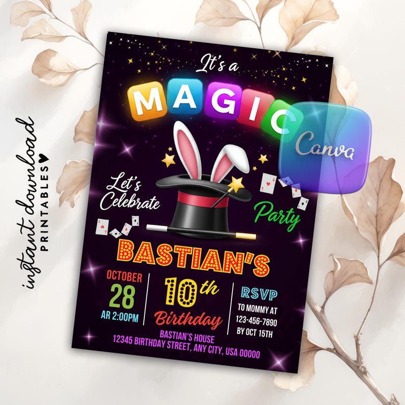 Magic Show Birthday Invitation, Customizable Canva Template (digital ...