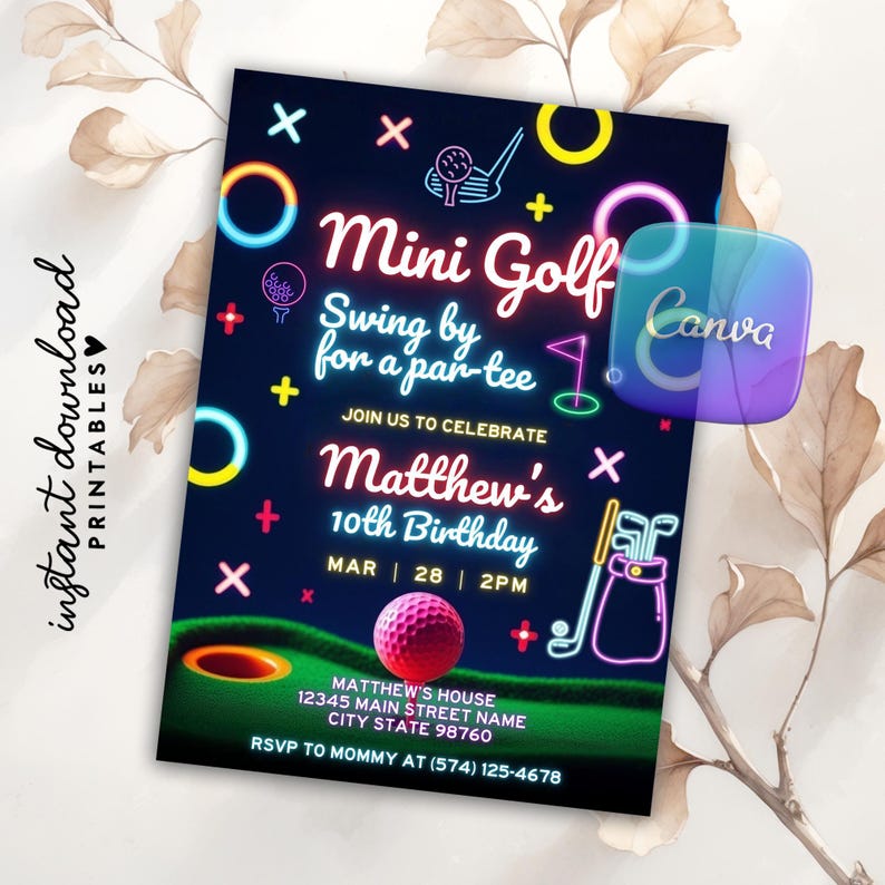 Glow Mini Golf Birthday Invitation, Sports Party (DIY Canva Template ...