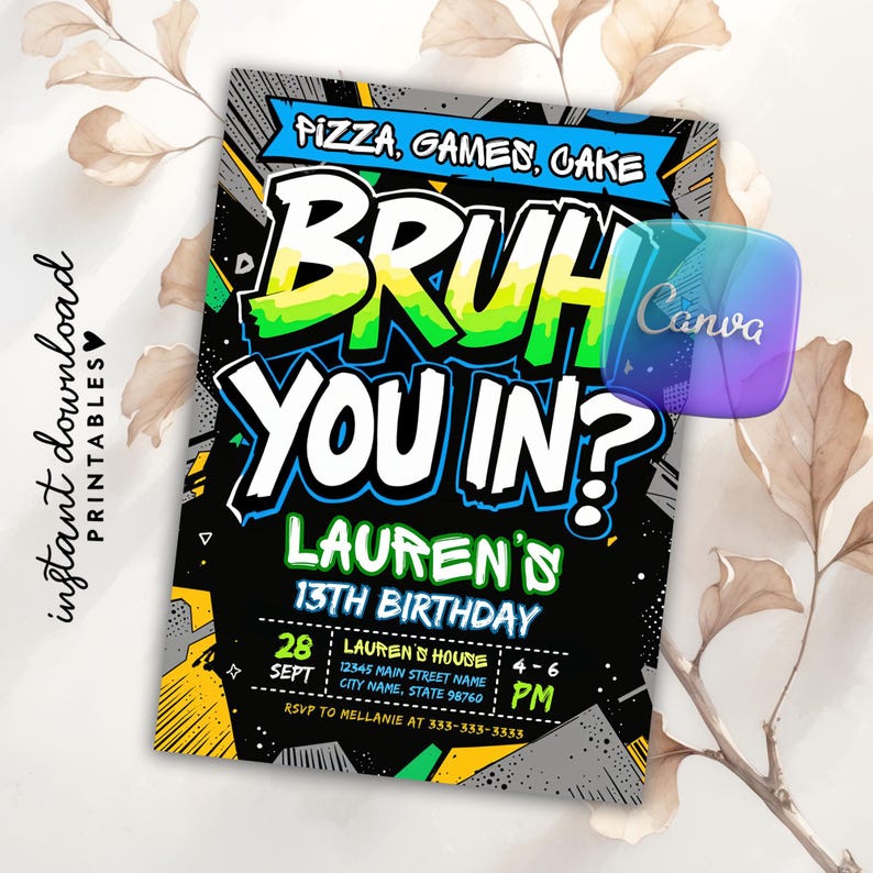 Editable Bruh Birthday Invitation, Neon Graffiti Theme Any Age Digital ...