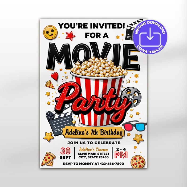 Movie Birthday Invitation Template, Boy or Girl Movie Theater Birthday ...
