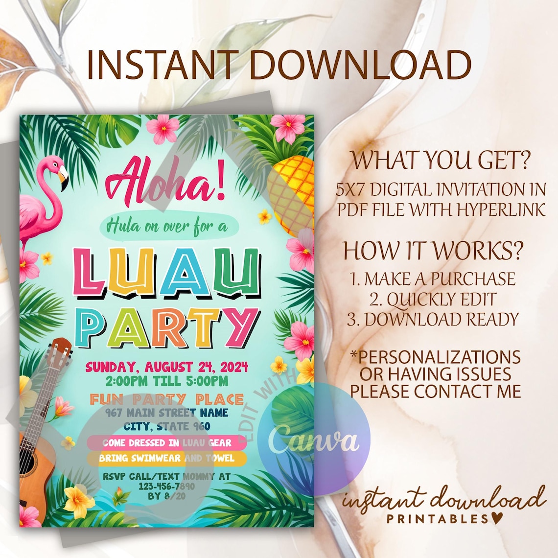 Editable Luau Birthday Party Invitation, Hawaiian Tiki Birthday ...