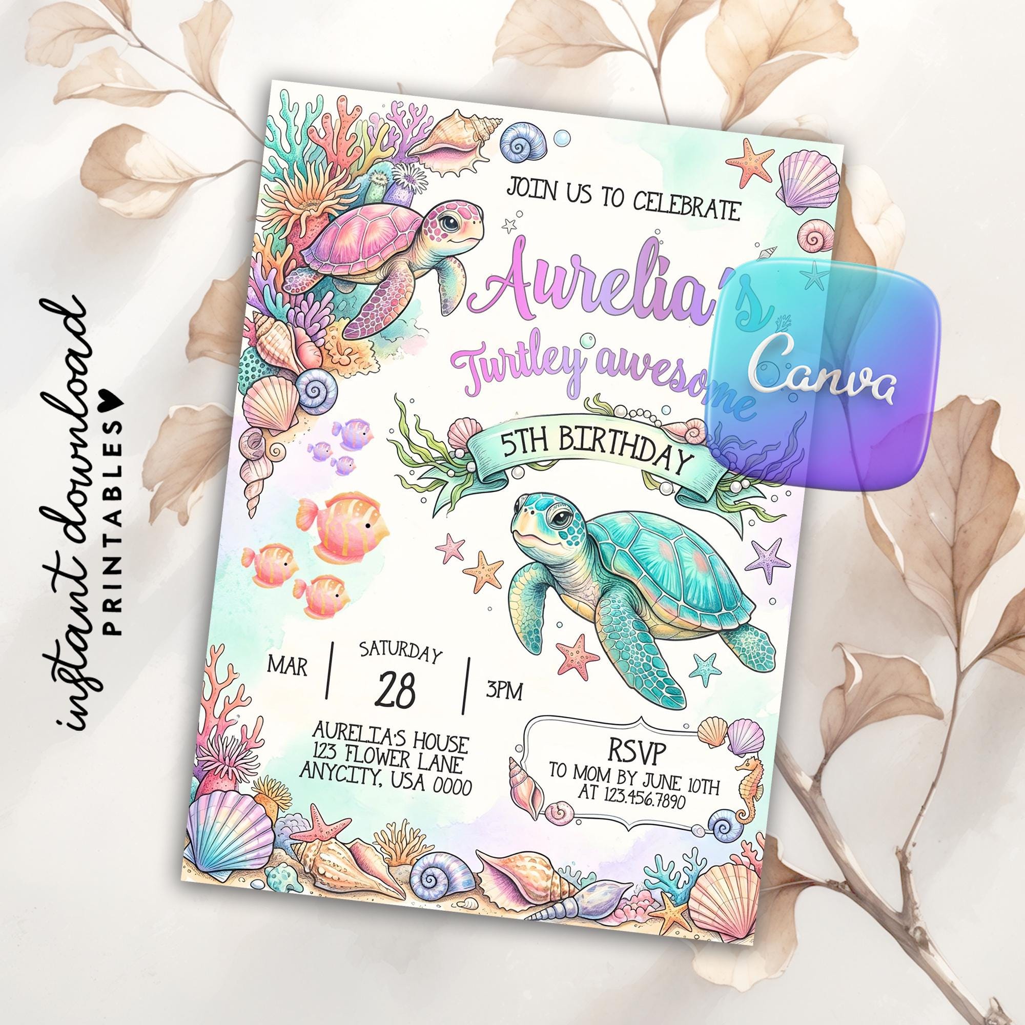 Editable Sea Turtle Birthday Invitation, Turtley Awesome Under the Sea ...