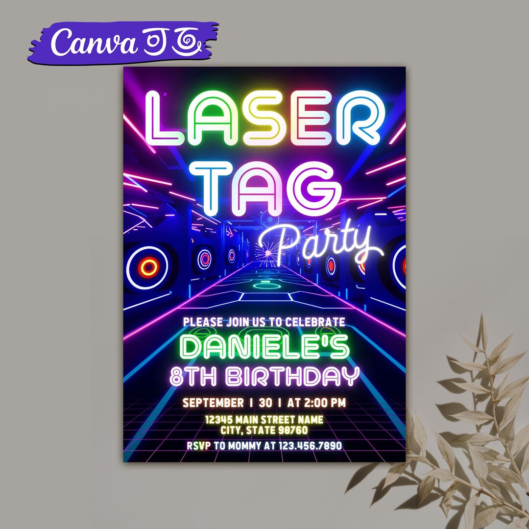 Editable Laser Tag Birthday Invitation, Neon Laser Tag Invite, Glow ...