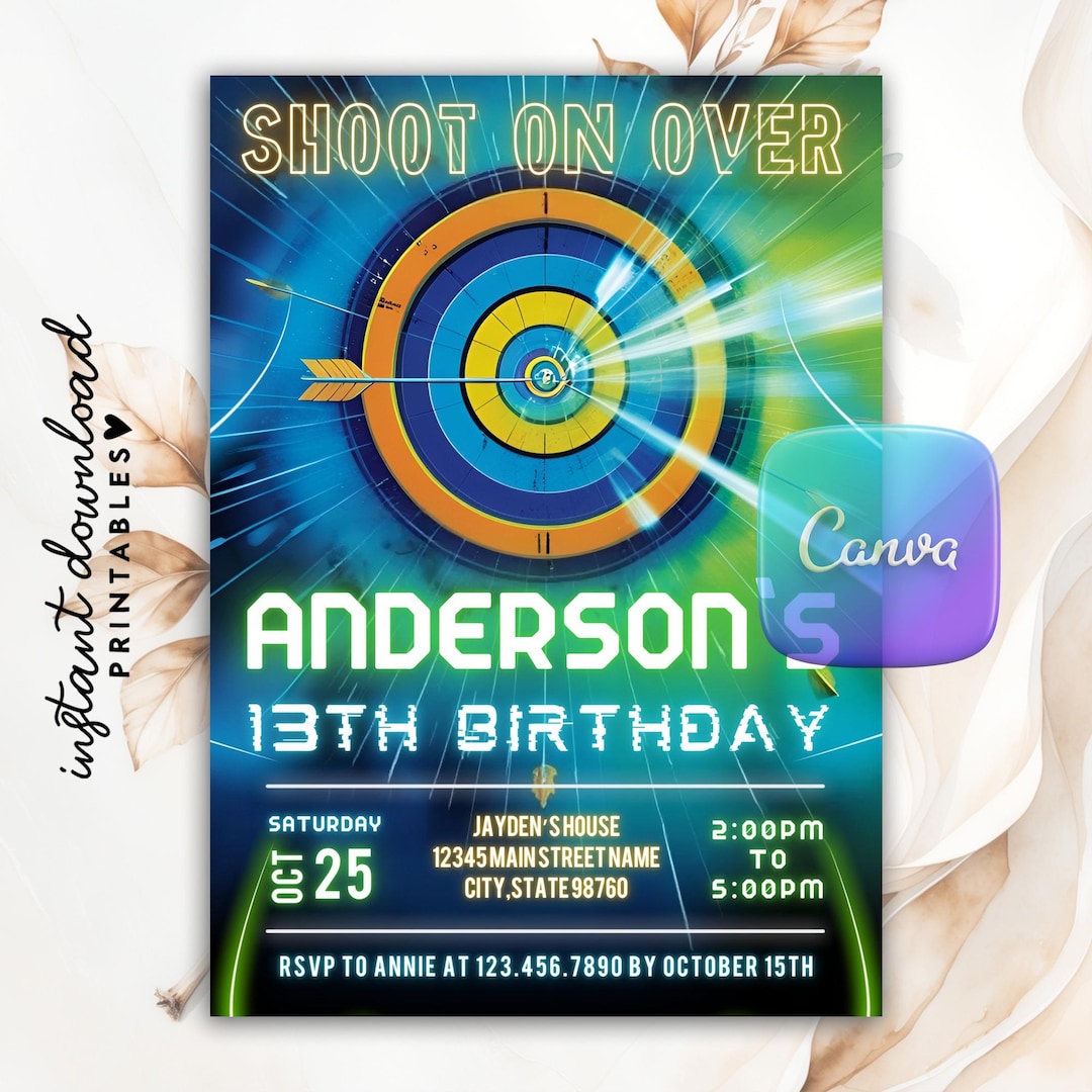 Archery Birthday Invitation, Neon Archery Invitation, Shoot Bullseye ...
