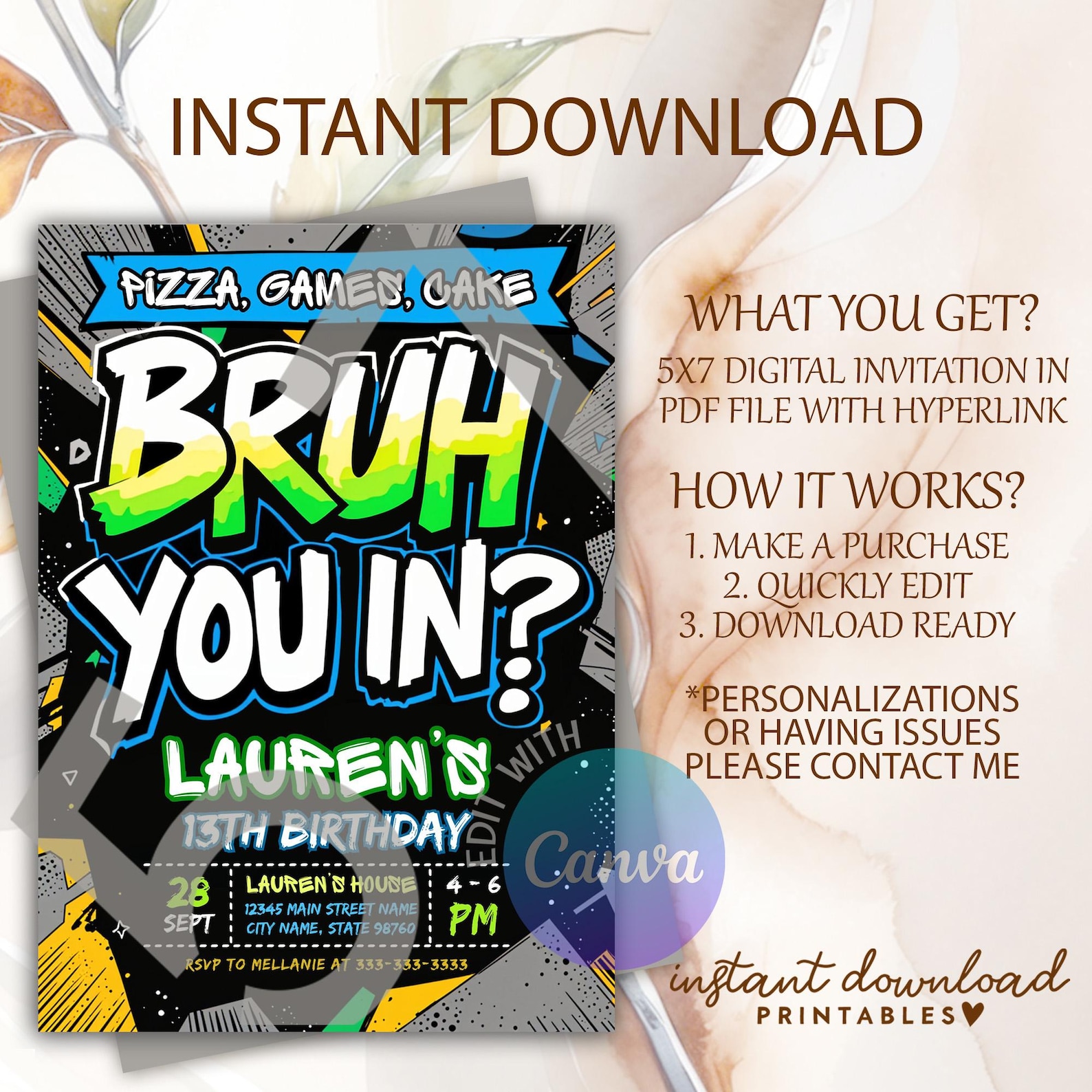 Editable Bruh Birthday Invitation, Neon Graffiti Theme Any Age Digital ...