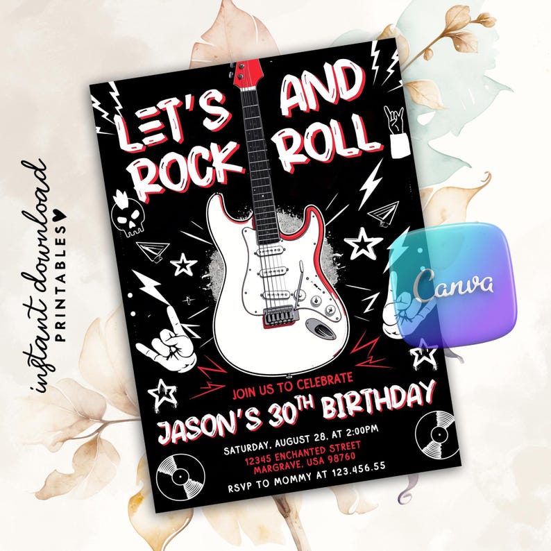 Electric Guitar Birthday Invitation, Guitar Invitation, Rock and Roll ...