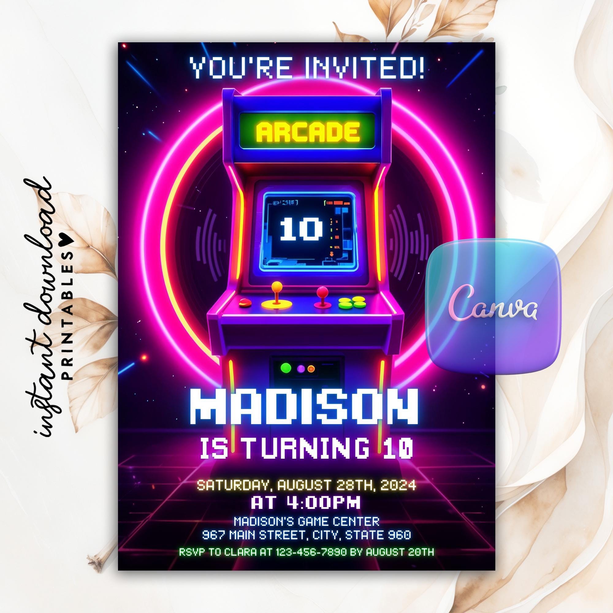 Arcade Birthday Invitation Template, Editable Arcade Invitation, Neon ...